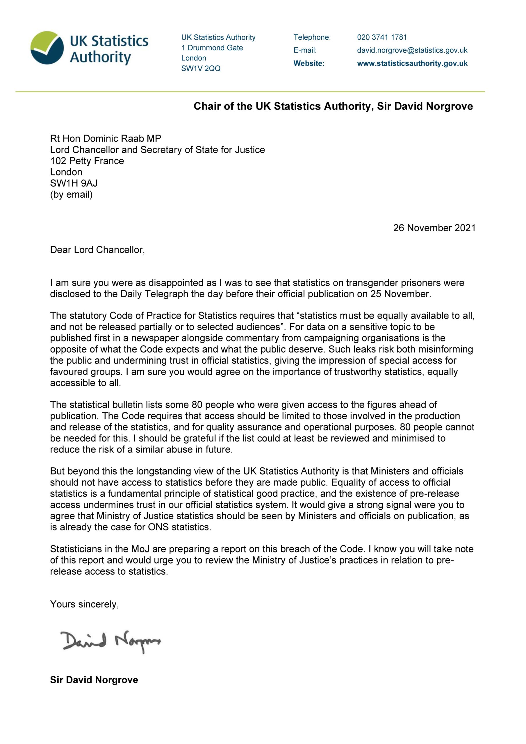 Sir David Norgrove to Dominic Raab – Statistics on transgender ...